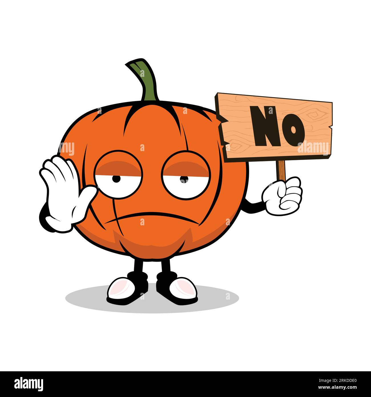 Pumpkin Cartoon Mascot holding up a wood sign with word NO Stock Vector ...