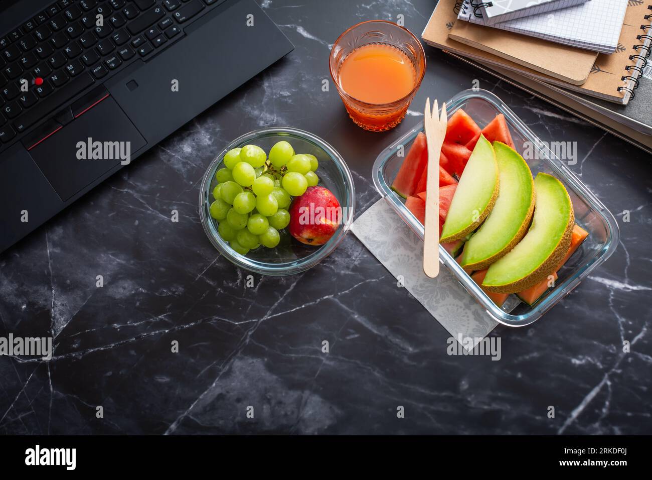 Healthy snack at office workplace, organic vegan meals from take away ...