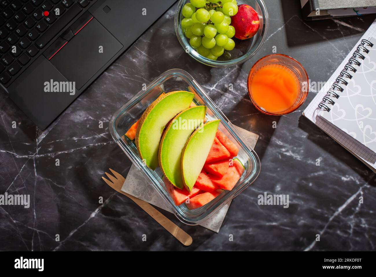 Healthy snack at office workplace, organic vegan meals from take away ...