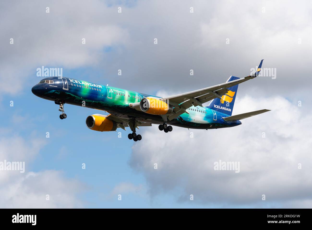 Icelandair Boeing 757 jet airliner plane TF-FIU on finals to land at London Heathrow Airport ...