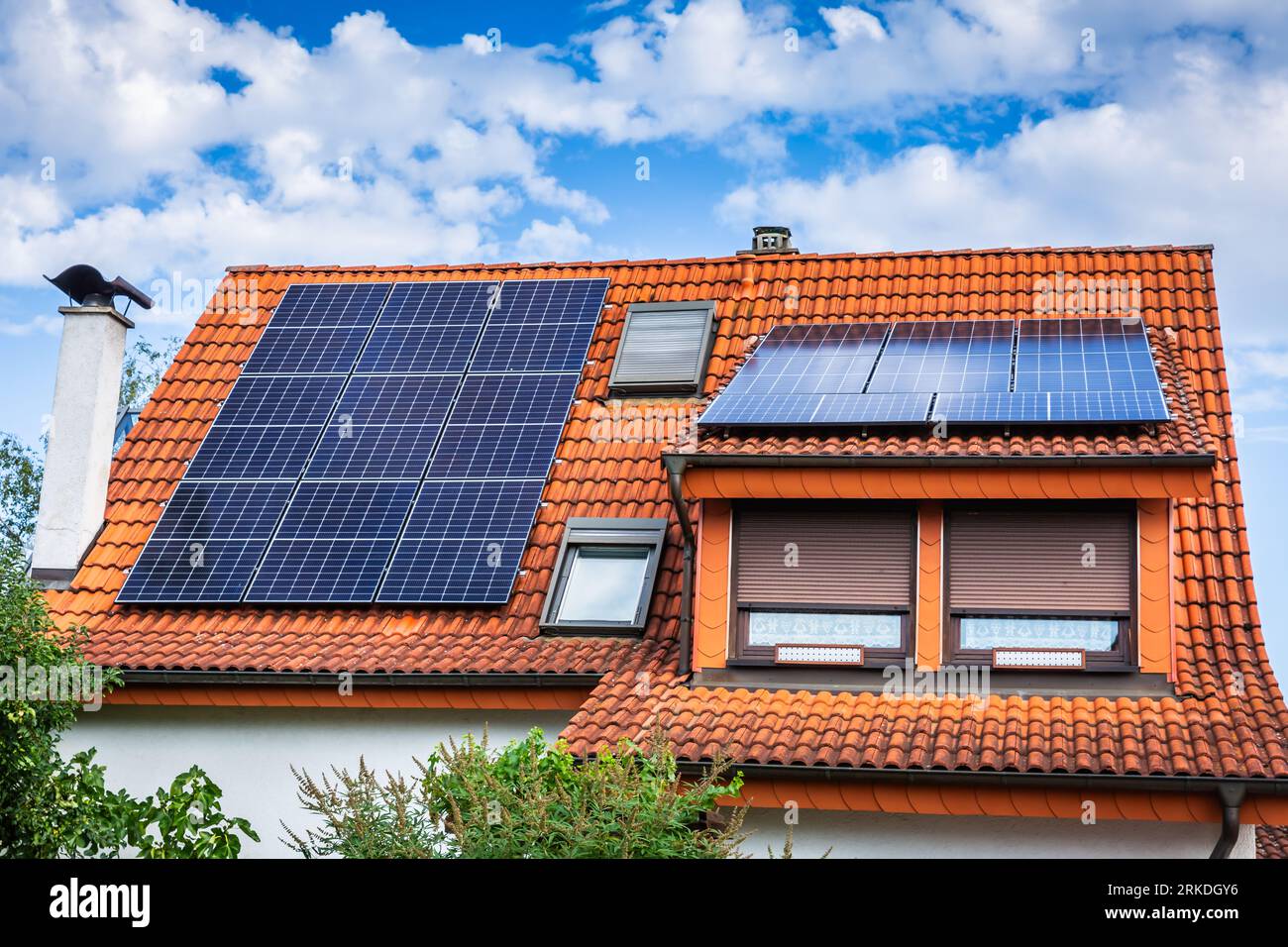 Photovoltaic panels on the roof of family house, solar panels ...
