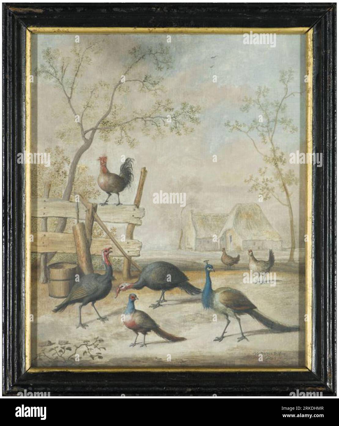 Landschap, links geboomte met houten hek waarop haan 1649 by Margareta ...