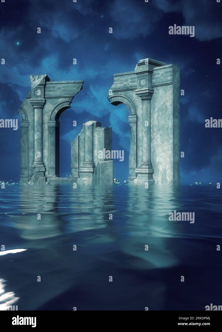 Fantasy seascape with drowned ancient ruins, 3D Illustration Stock ...