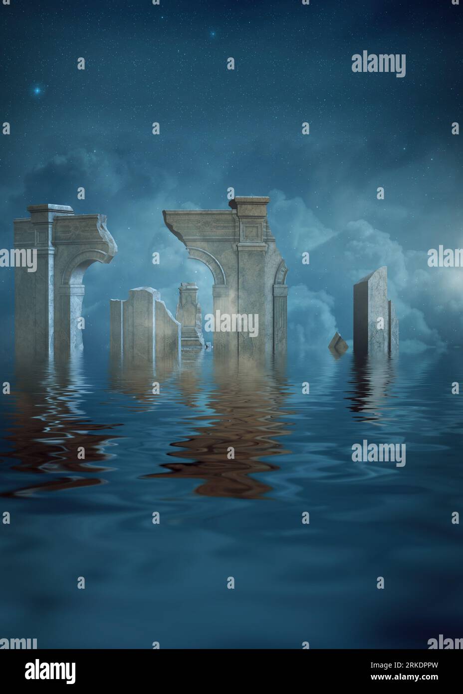 Fantasy seascape with drowned ancient ruins, 3D Illustration Stock ...