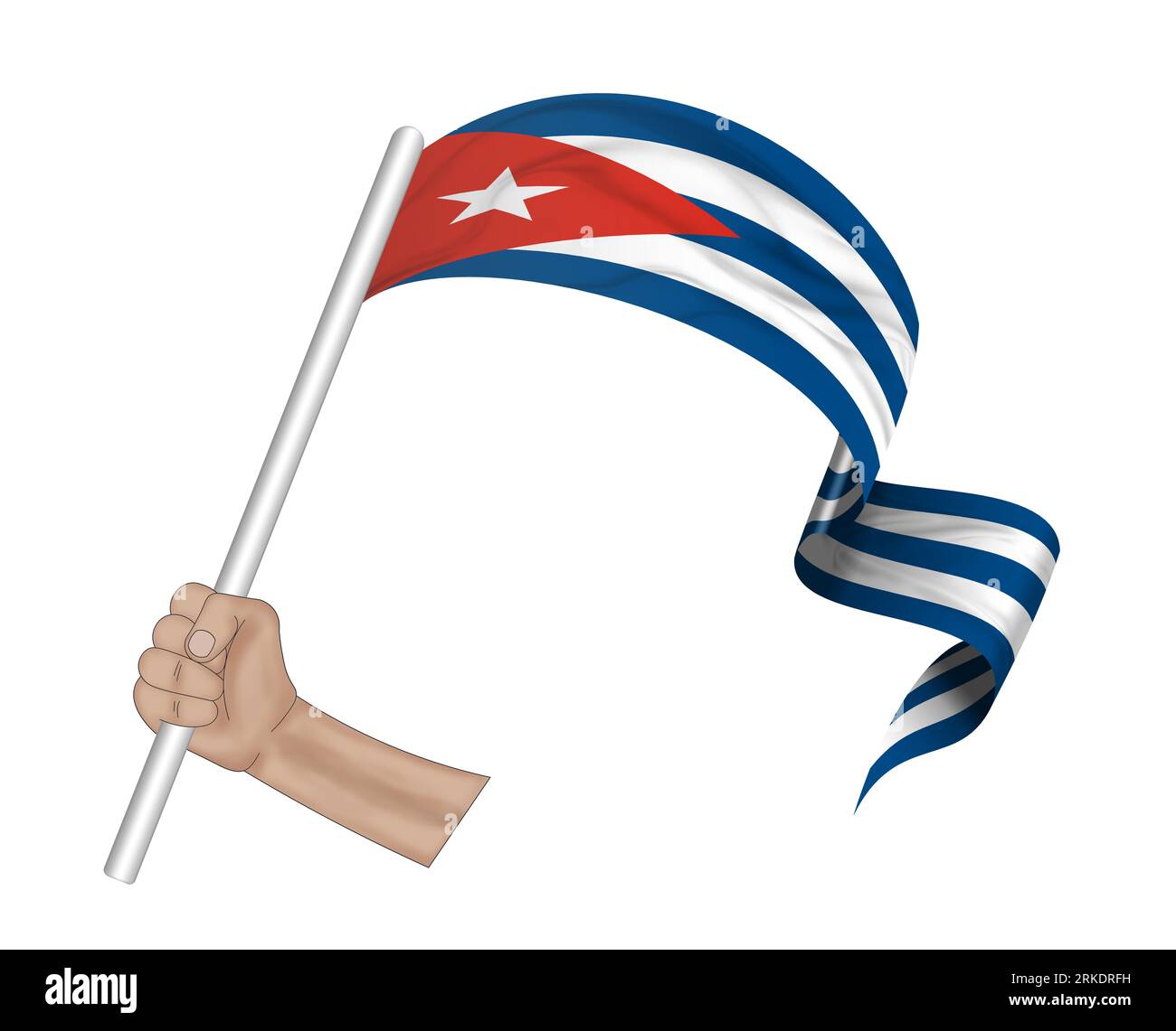 3D illustration. Hand holding flag of Cuba on a fabric ribbon ...