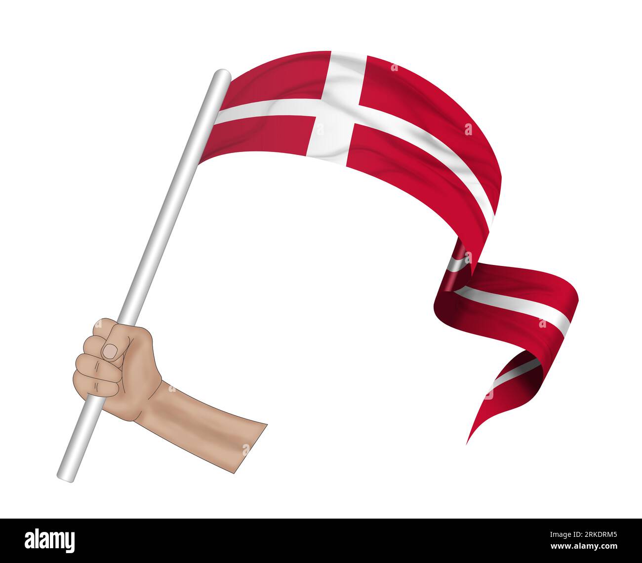 3D illustration. Hand holding flag of Denmark on a fabric ribbon ...