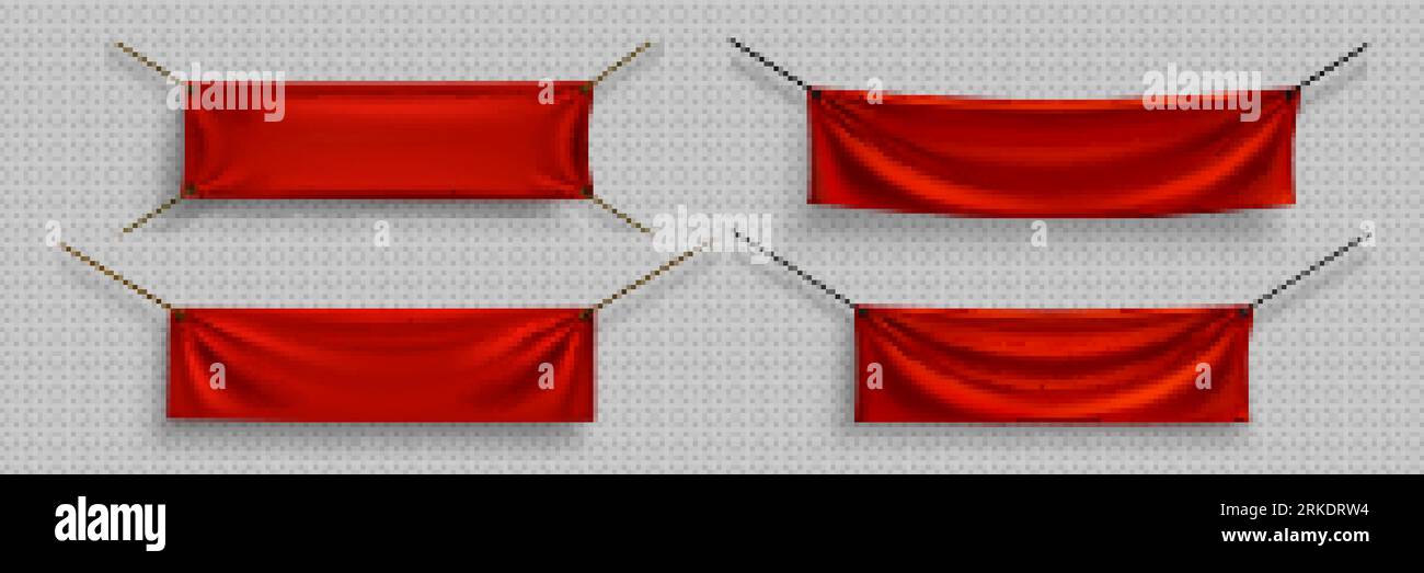 Blank red canvas banners mockup. Horizontal fabric flags, textile sheet ...