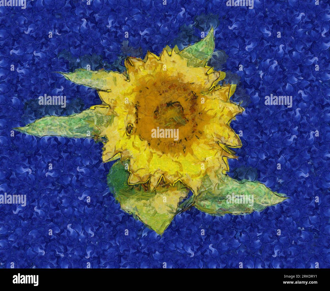 Yellow sunflowers over blue background, photo manipulation, digital ...