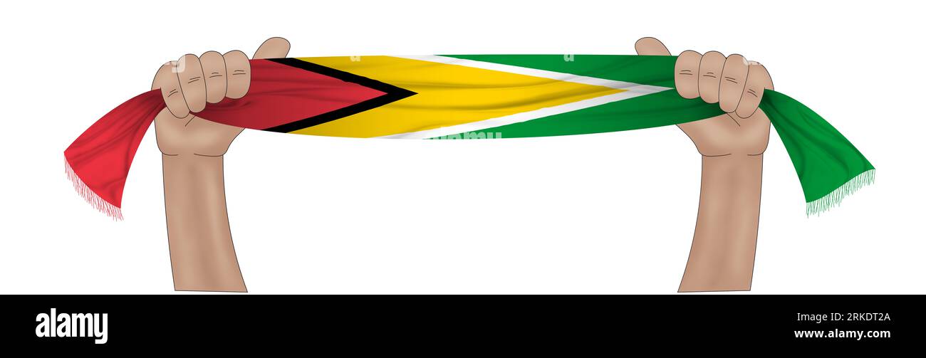3D illustration. Hand holding flag of Guyana on a fabric ribbon ...