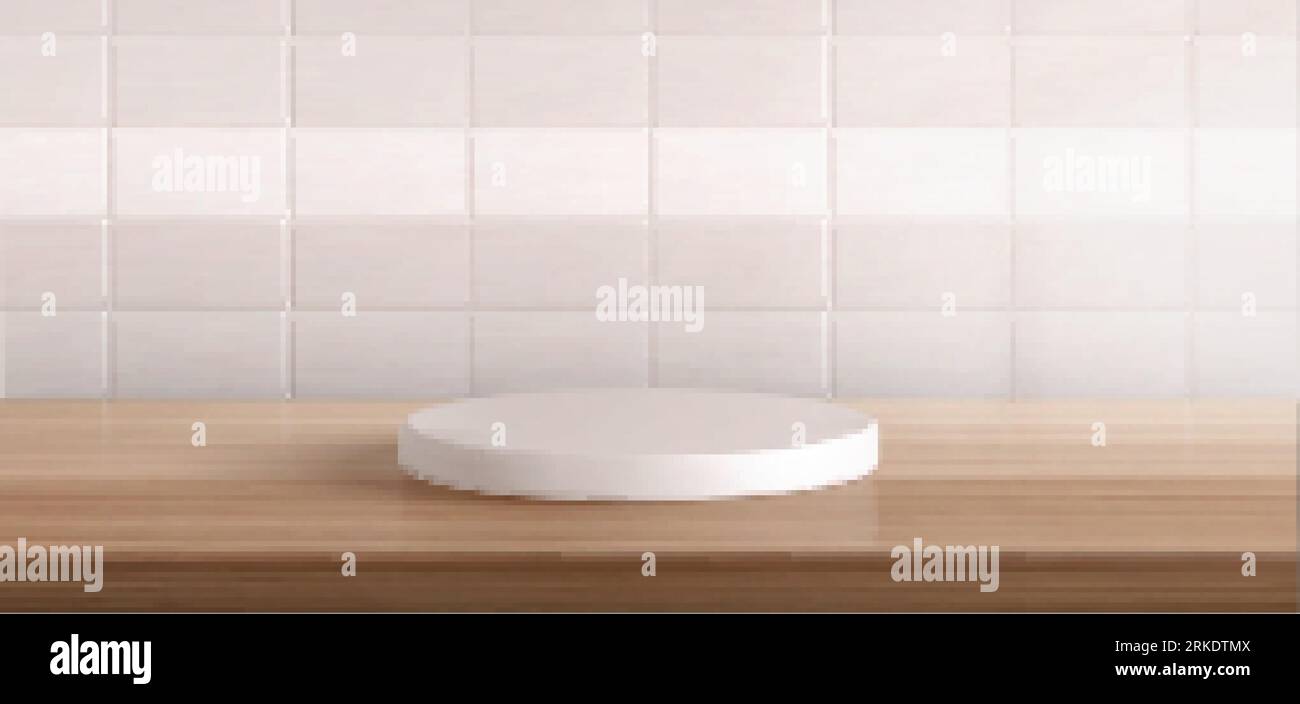 3d background with kitchen podium for display product. Empty white ...