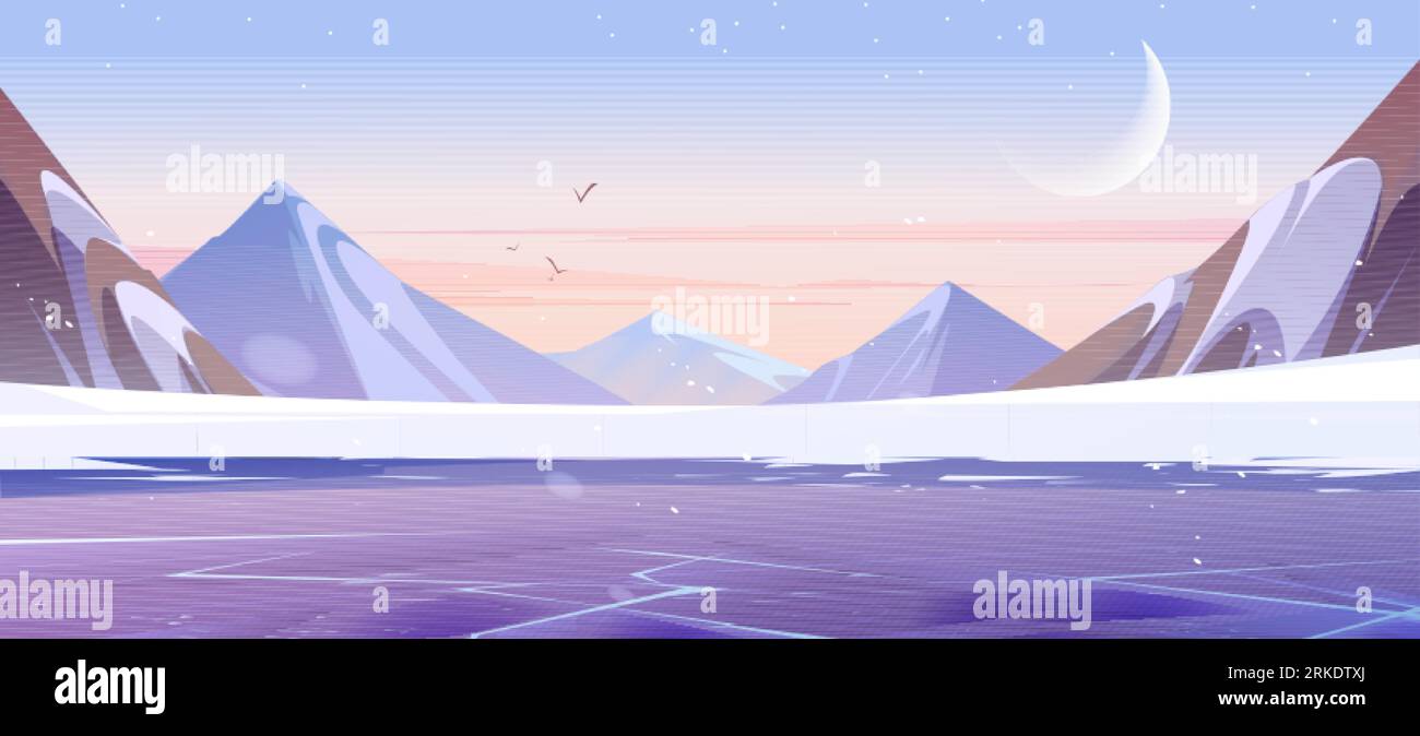 Snowy mountain landscape with ice on river. Vector cartoon illustration ...