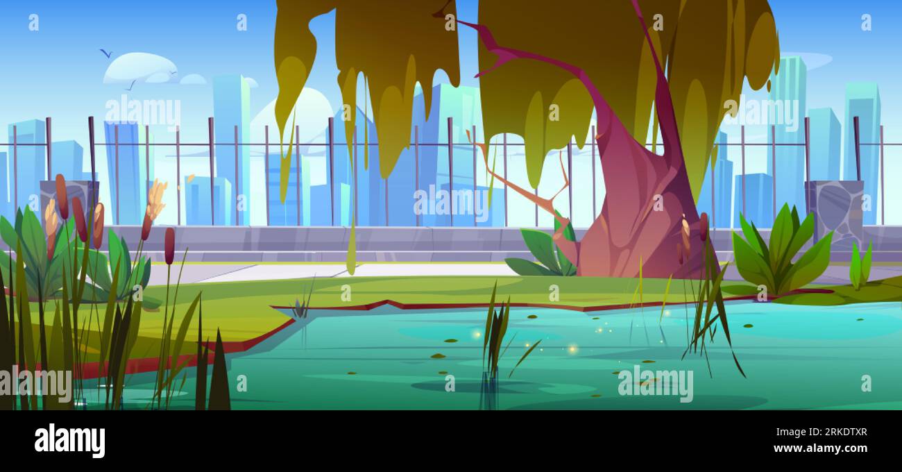Swamp in city park with reed and grass cartoon vector. Water pond near ...