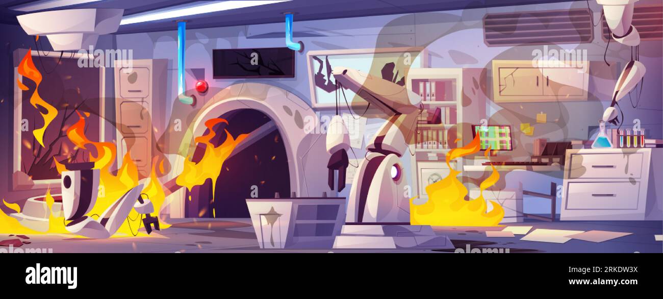 Fire in science laboratory with robot for research vector background ...