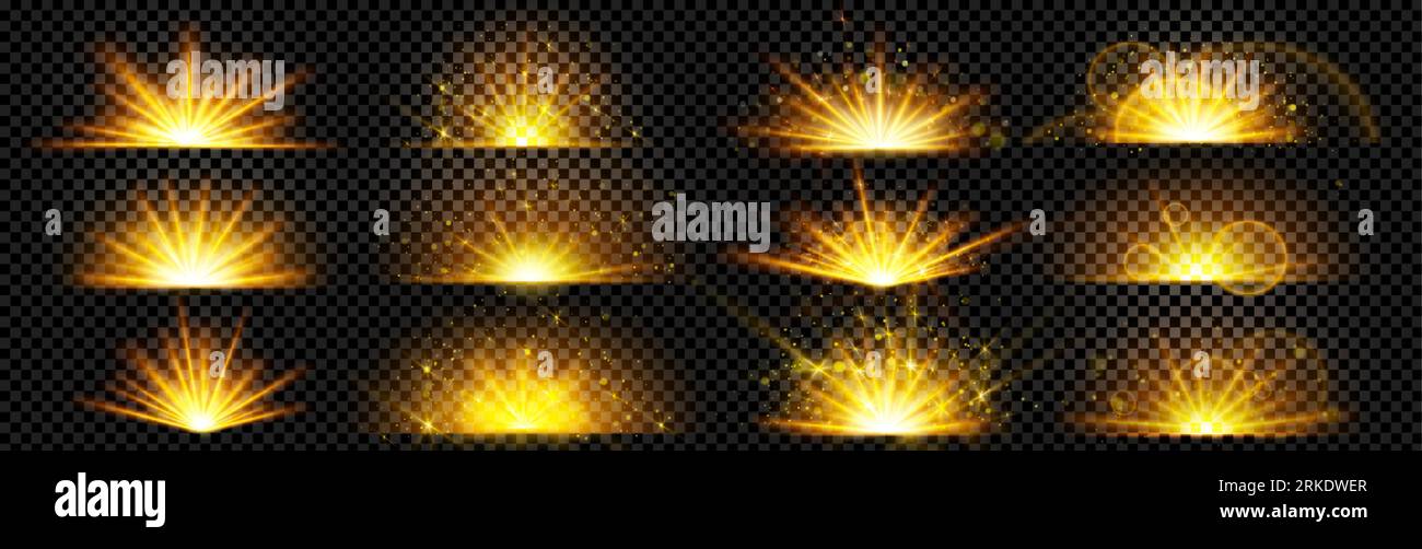 Gold explode glow shine and sun light ray burst vector effect set ...