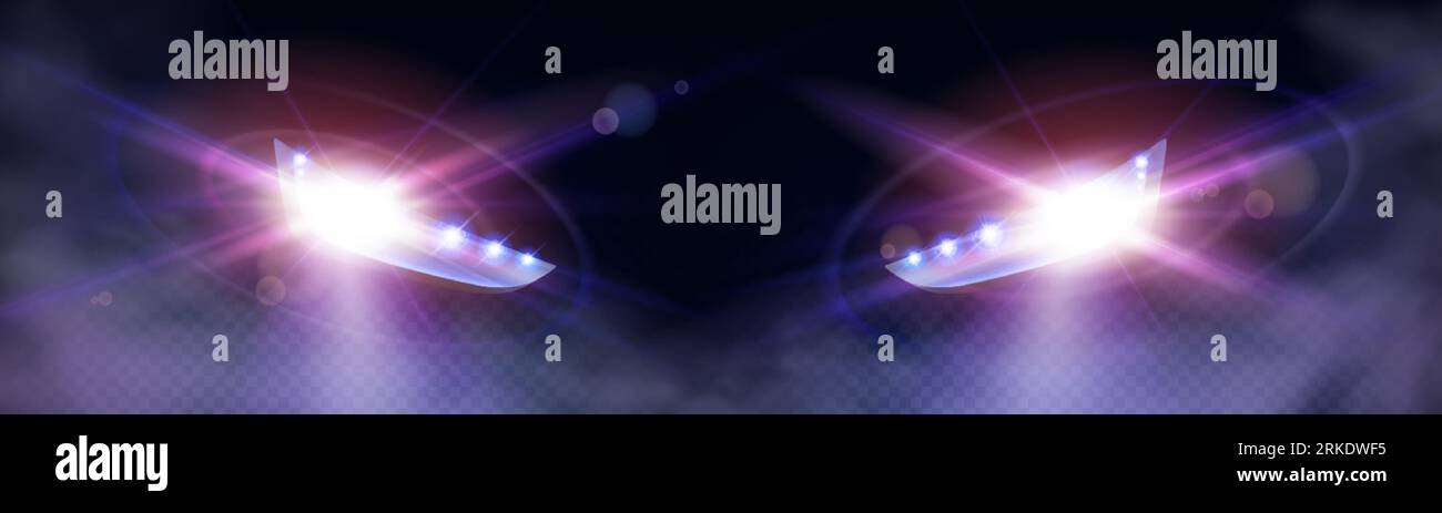 Realistic car headlight flare with smoke at night. Road light beam glow ...
