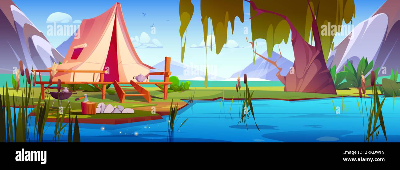 Mountain camp with tent on lake island. Vector cartoon illustration of ...
