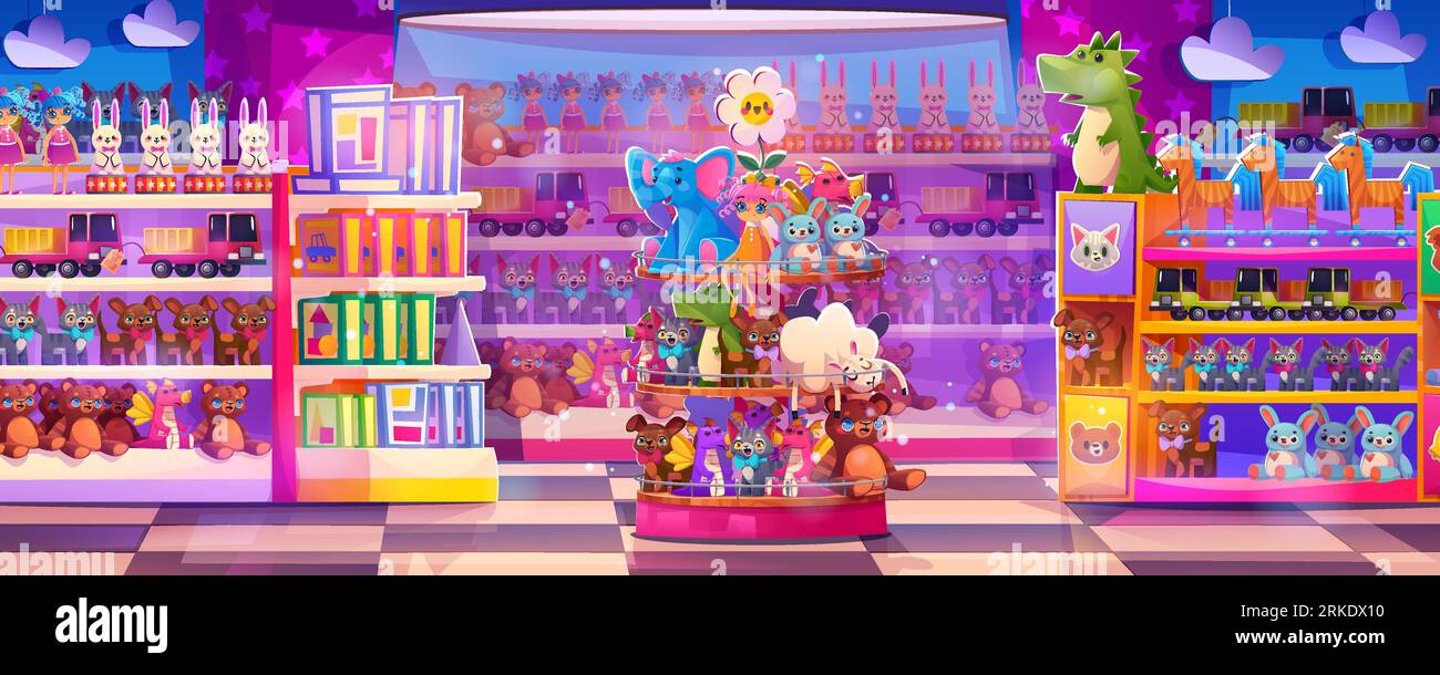 Toy store interior with shelves cartoon background. Magic vector ...