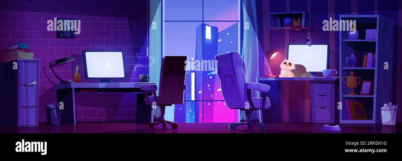 Home or office room with computers on desks at night. Empty work room ...