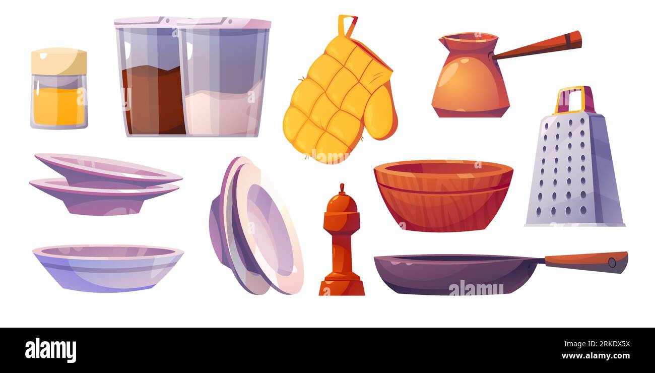 Kitchenware and cook tool cartoon vector illustration set. Utensil for ...