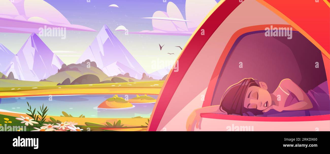 Young woman sleeping in tent near mountain lake. Vector cartoon ...