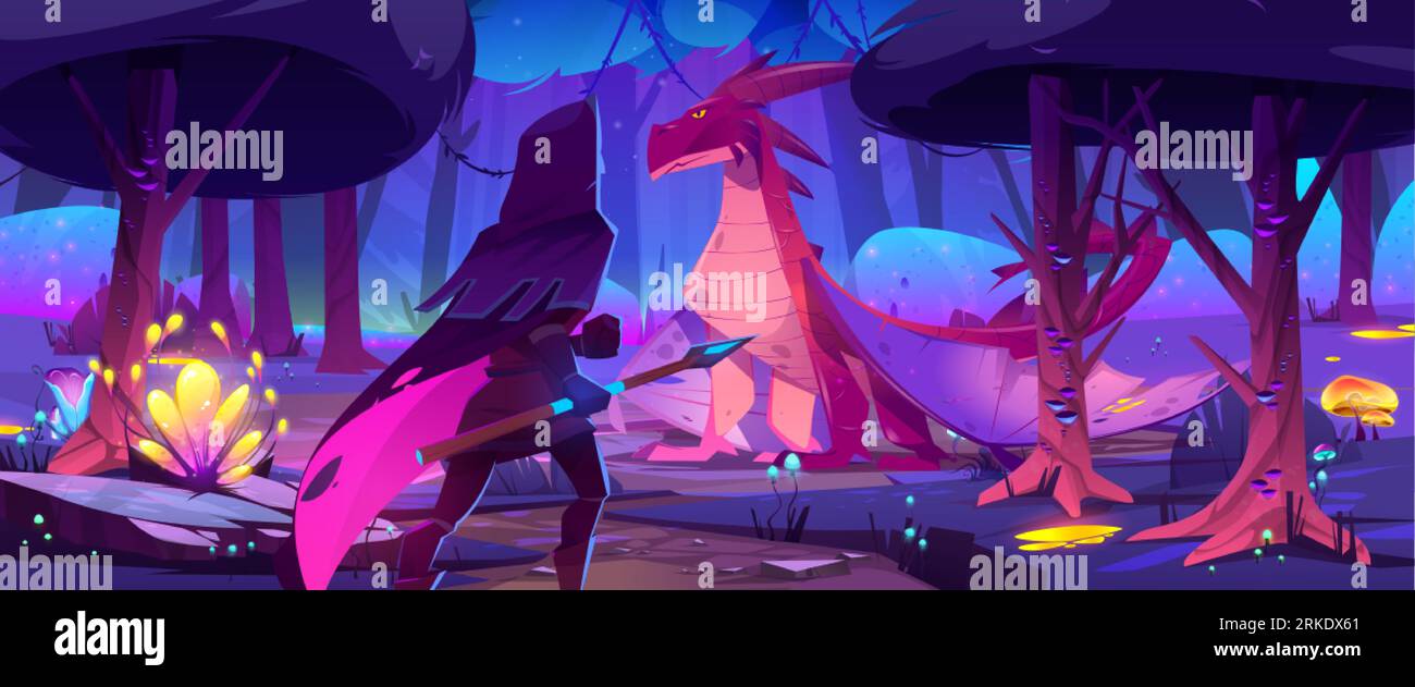 Fairy tale scene with dragon and medieval knight fight. Fantasy ...