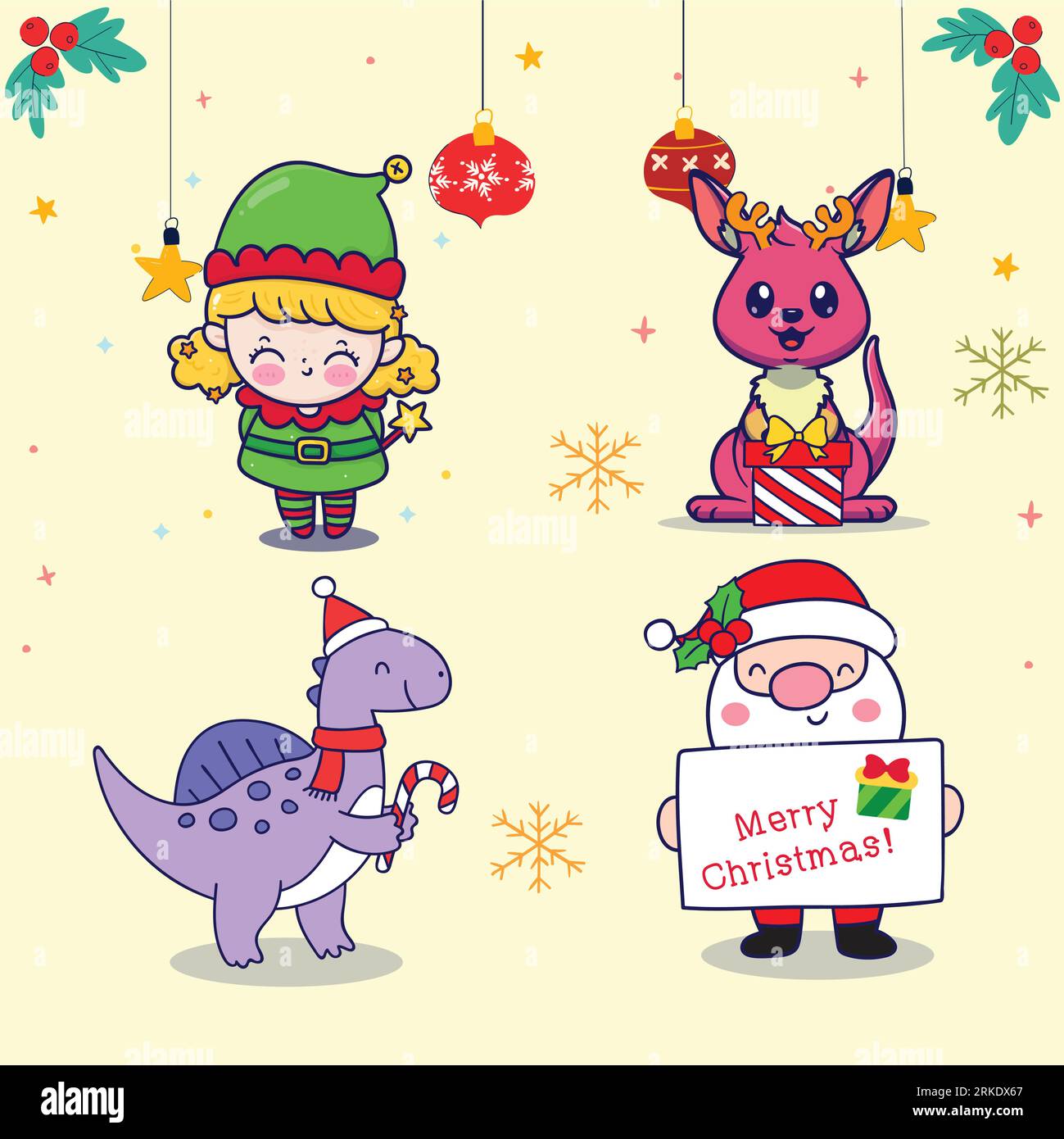 Cute cartoon Santa Claus, reindeer, dinosaur and elf. Vector ...