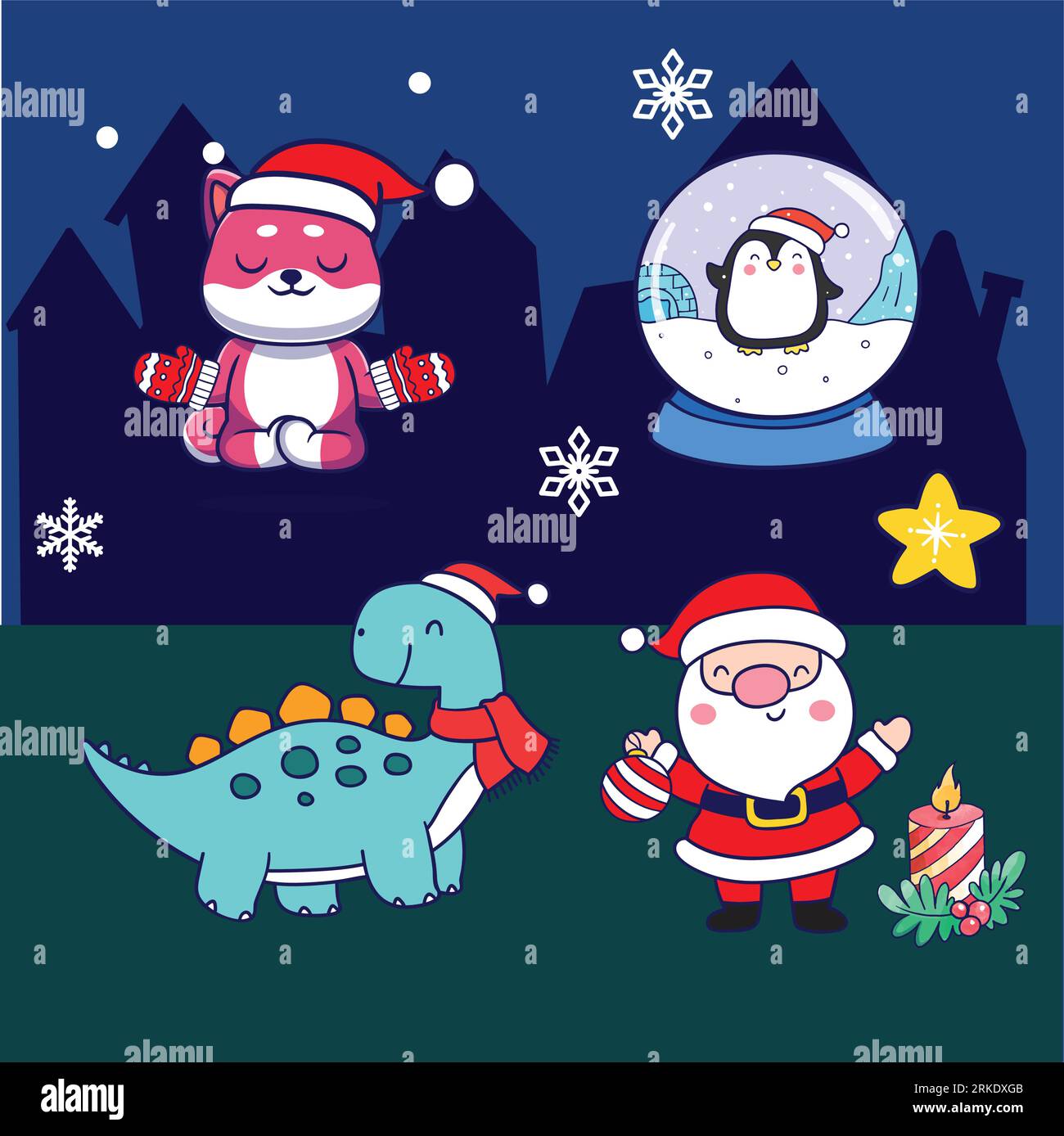 Merry Christmas and Happy New Year. Santa Claus, penguin, dinosaur and ...