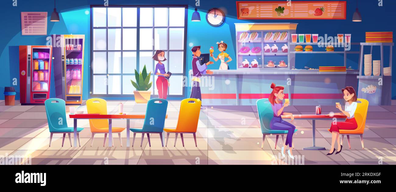 University canteen with students eating at table. Vector cartoon ...