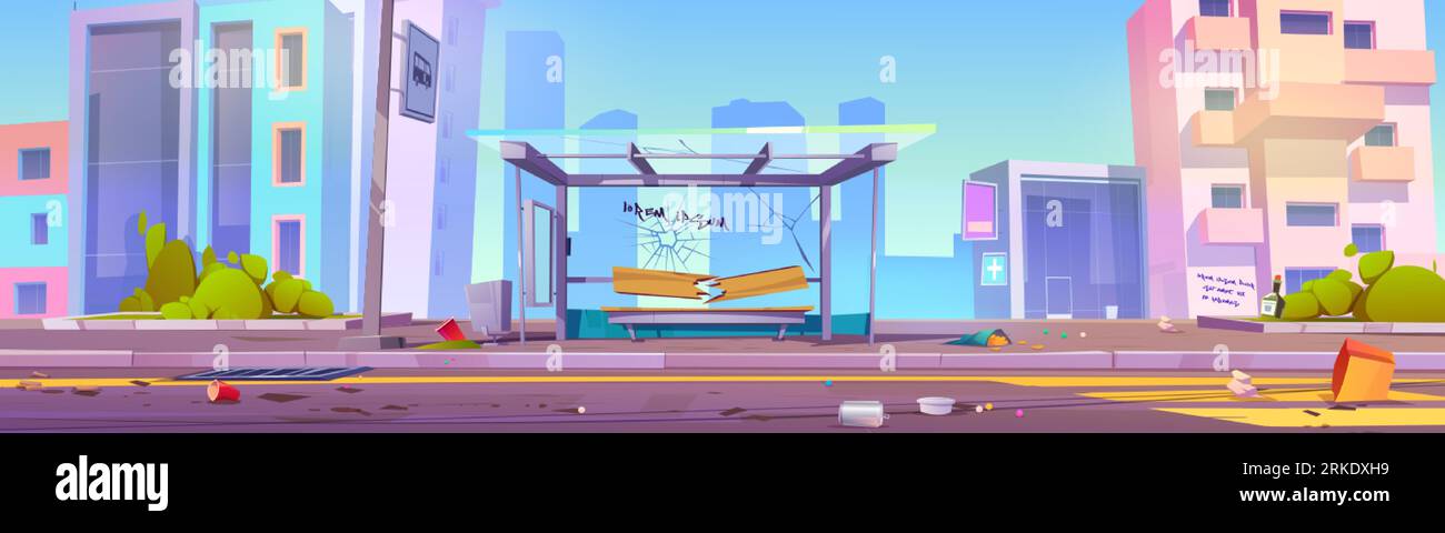 Abandoned city broken bus stop station with crack cartoon background ...