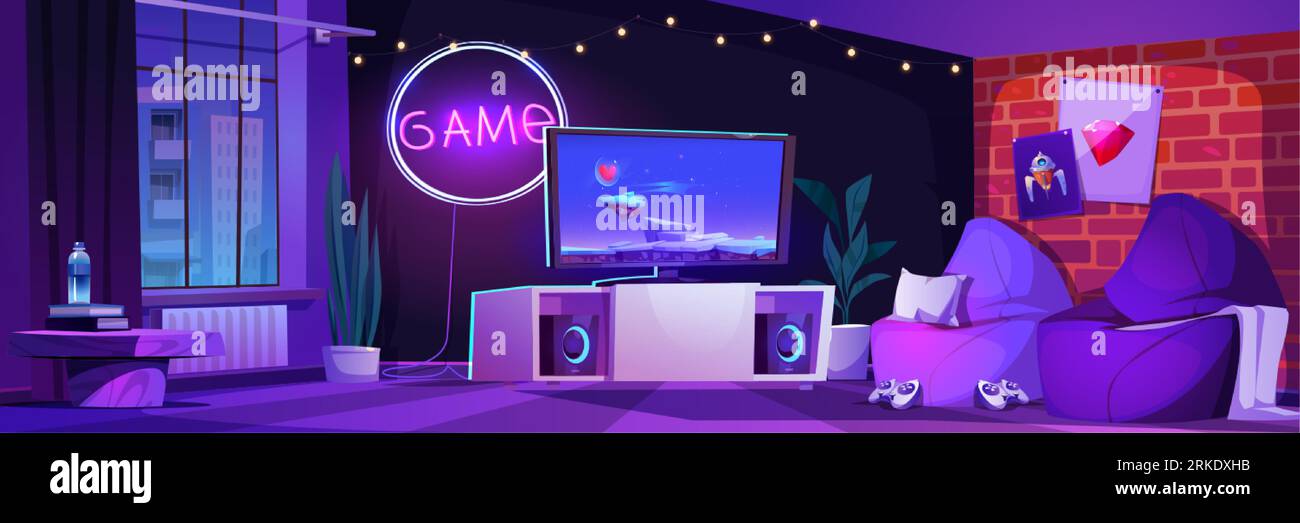 Gamer tournament night cartoon illustration vector. Streamer room ...