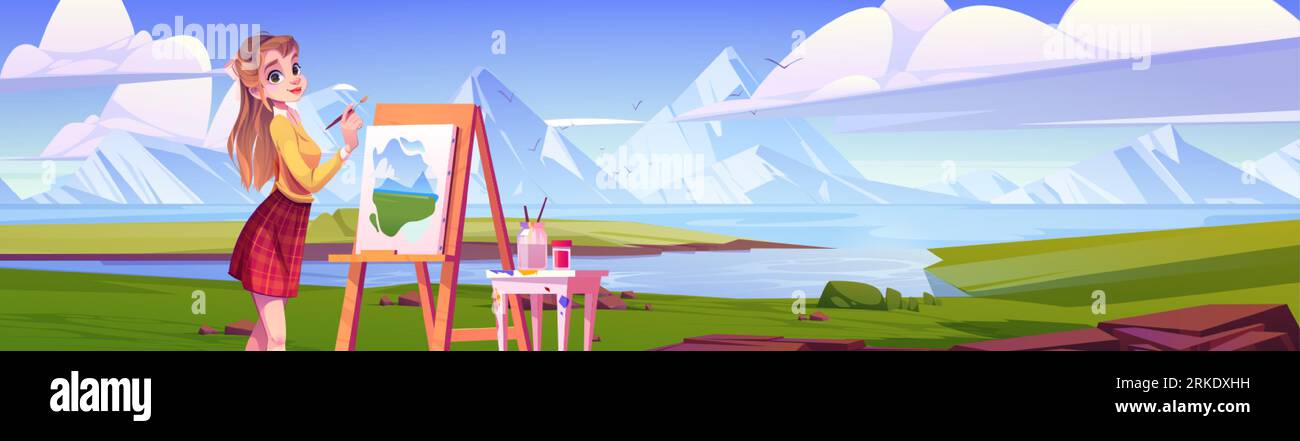 Young woman painting mountain landscape. Vector cartoon illustration of ...