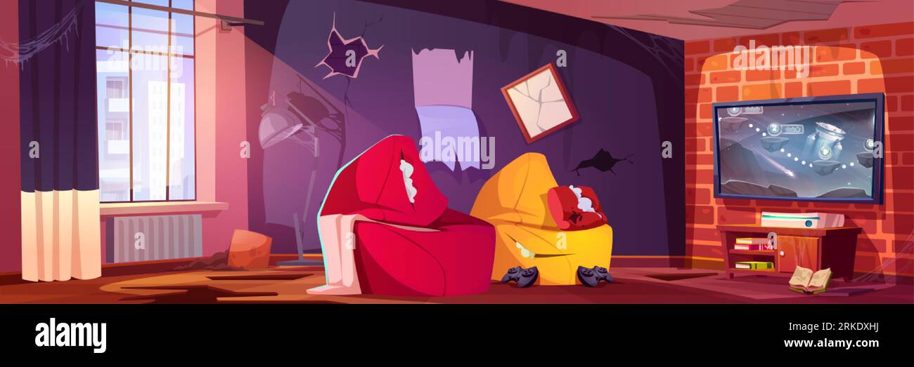 Abandoned room with damaged furniture. Vector cartoon illustration of ...