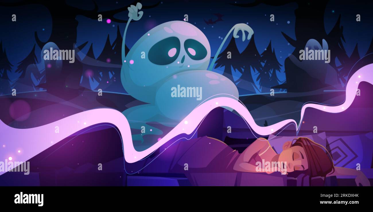 Young woman sleeping in bed, dreaming about scary Halloween ghosts in ...