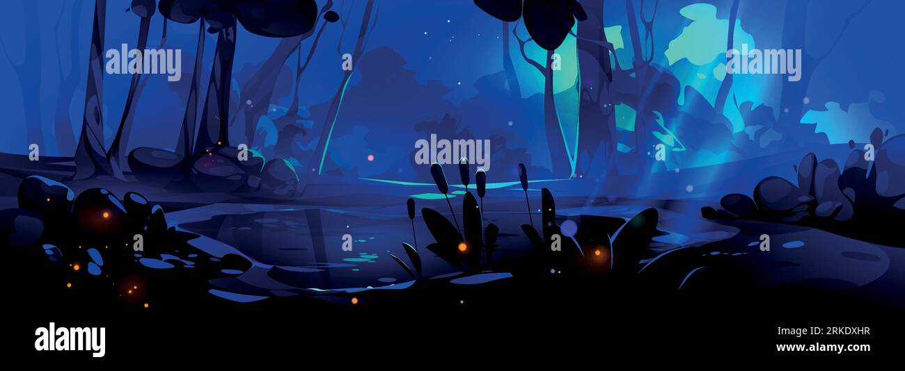 Night jungle forest with swamp vector background. Magic game landscape ...