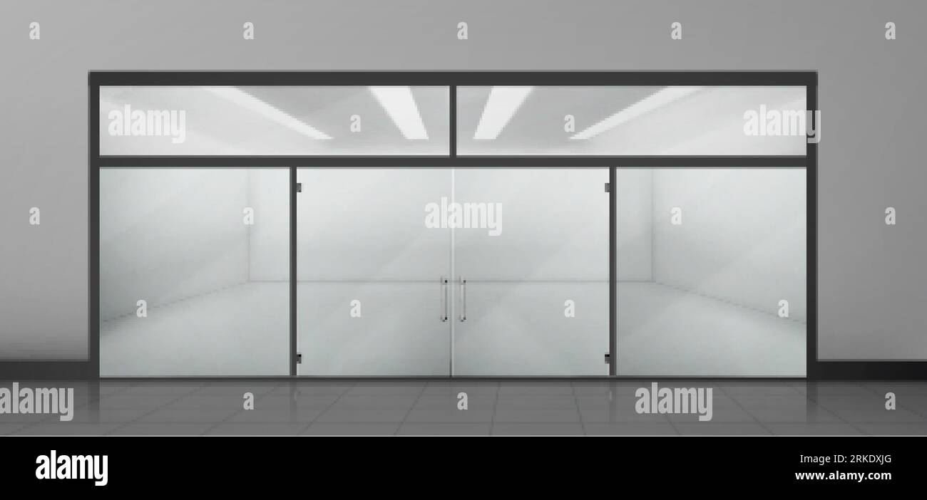 3d front glass window and door in store mockup. Realistic empty office ...