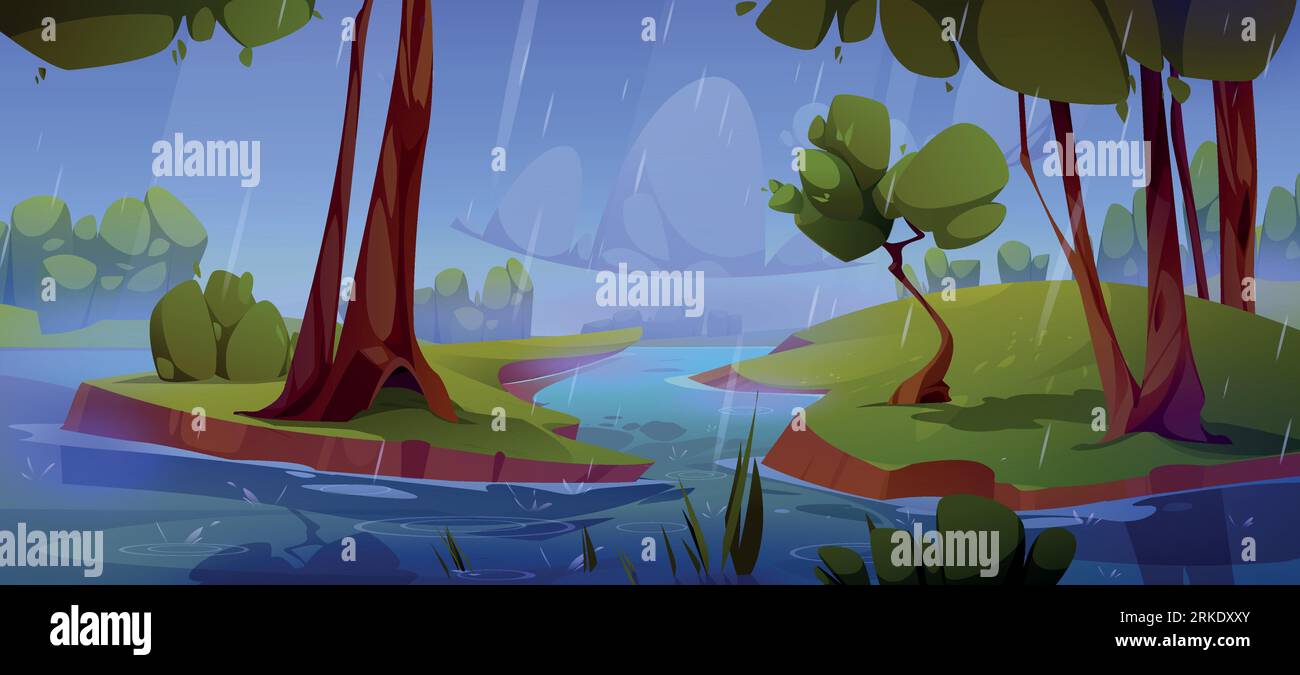 Rainy weather in summer valley with river flowing between green banks ...