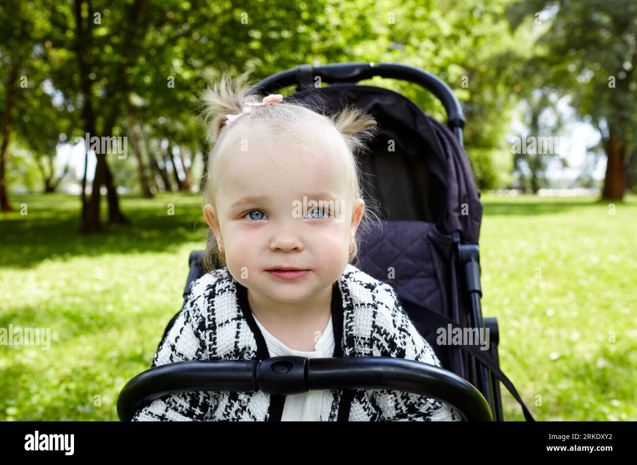 Baby in stroller on a walk in summer park. Adorable little girl sitting ...