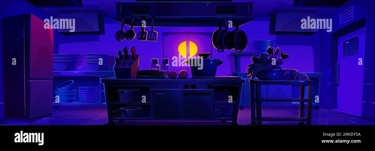 Restaurant kitchen interior at night. Vector cartoon illustration of ...