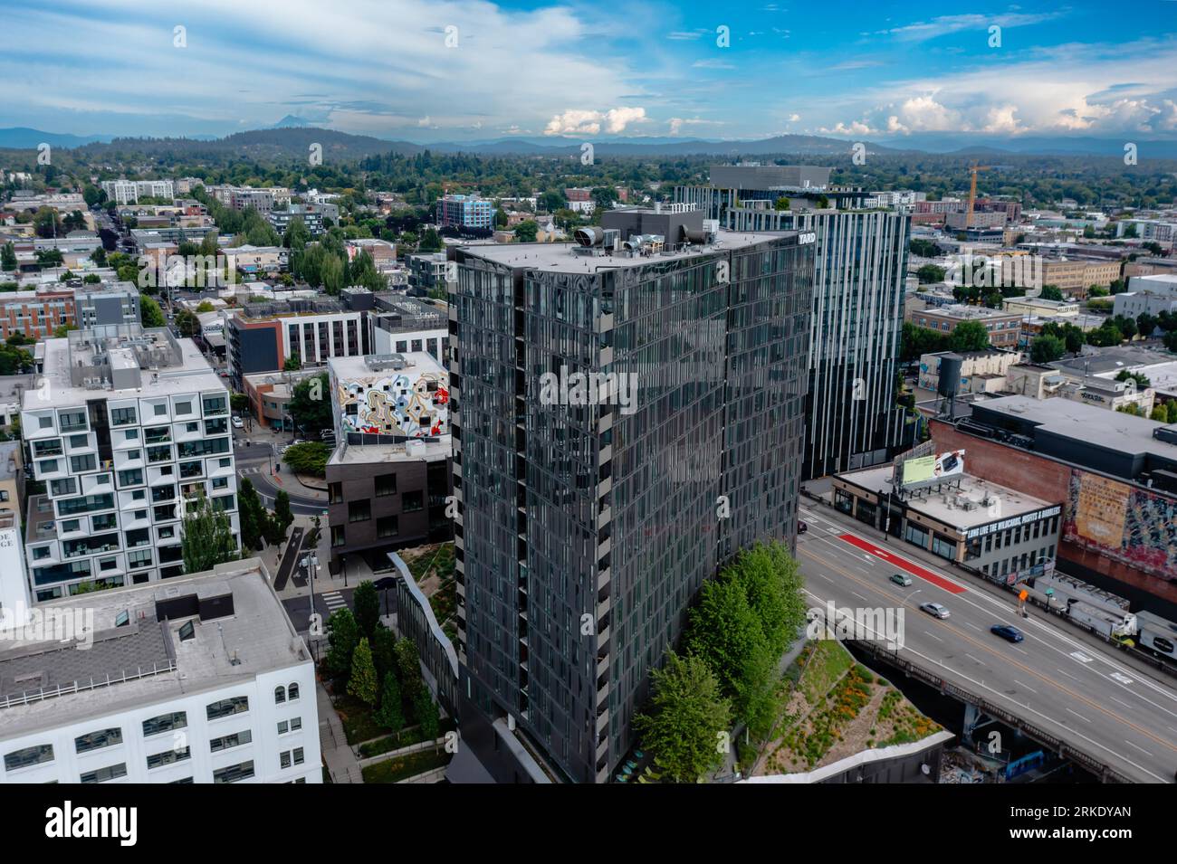 An aerial view of Portland East Side of the Willamette River Downtown ...