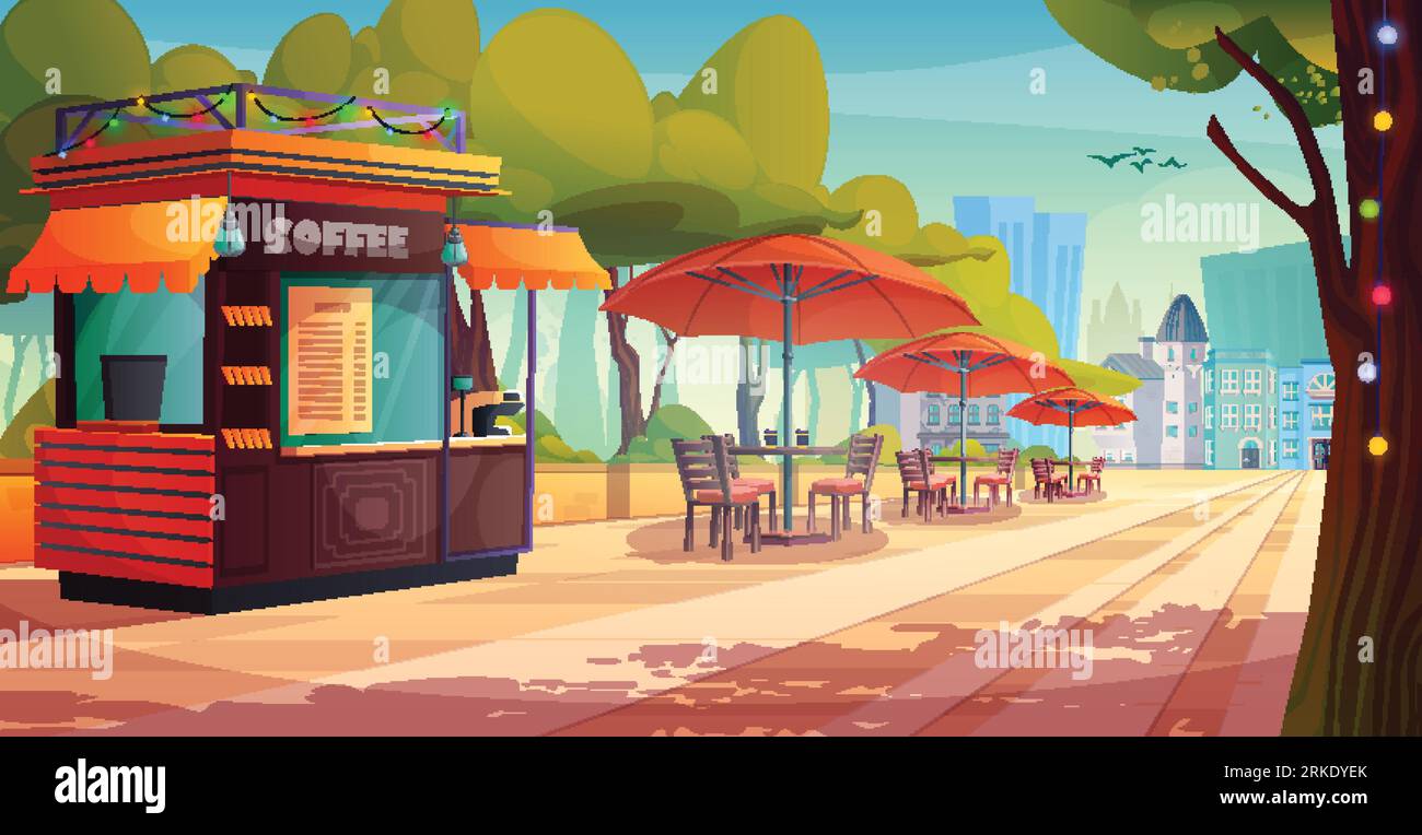 Cafe stall and tables under umbrellas on park alley. Vector cartoon ...