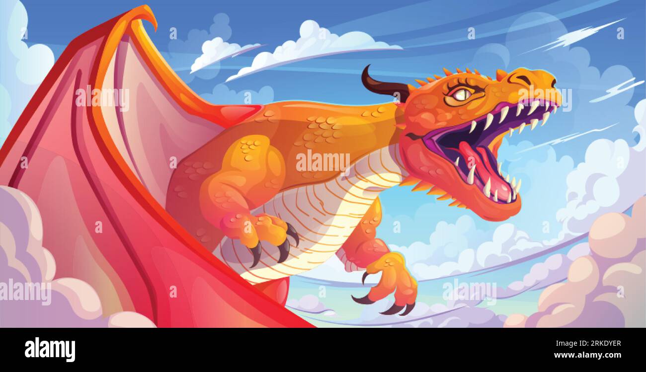 Magic fantasy dragon flying in sky cartoon vector game landscape ...