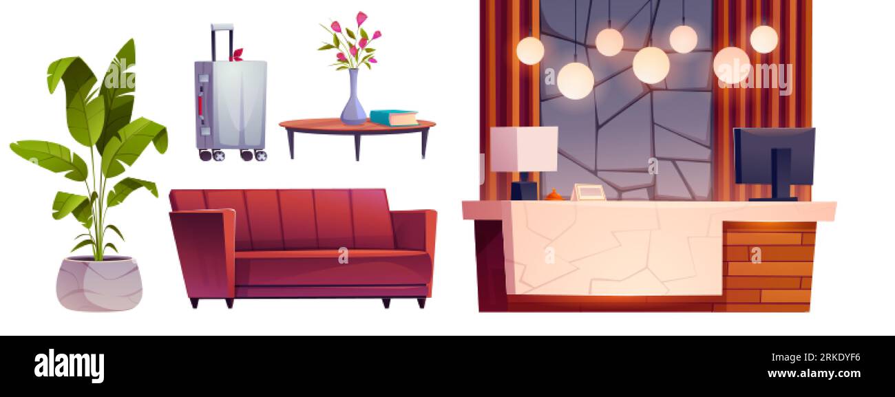 Cartoon set of hotel lobby design elements isolated on white background ...