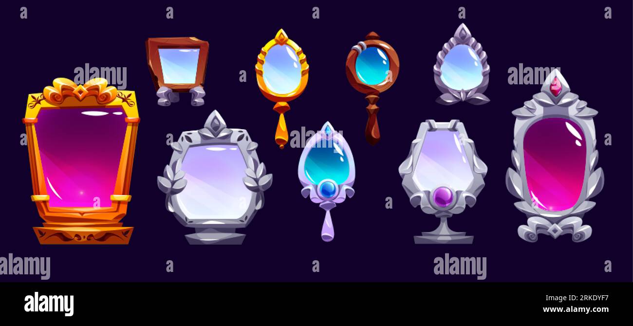 Cartoon set of ancient mirrors in silver, golden, wooden frame isolated ...