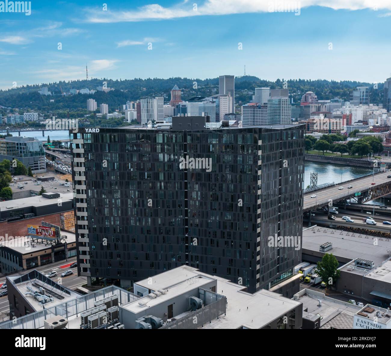 An aerial view of Portland East Side of the Willamette River Downtown ...