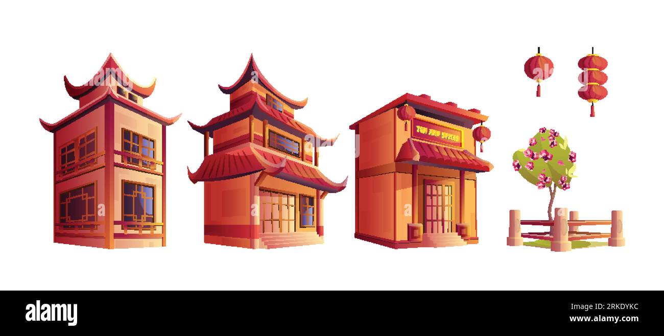 Cartoon set of Chinese buildings isolated on white background. Vector ...