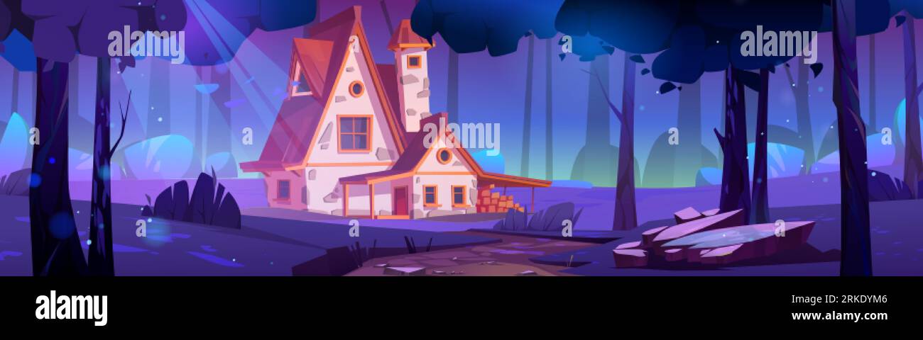 Night forest with witch house cartoon landscape background. Fantasy ...