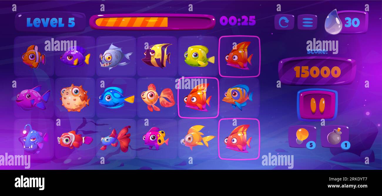 Underwater game ui interface with fish slot icon. Match 3 element with ...