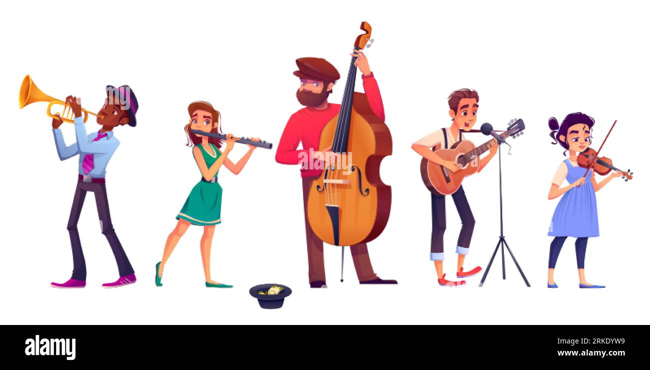 Street music band performing isolated on white background. Vector ...