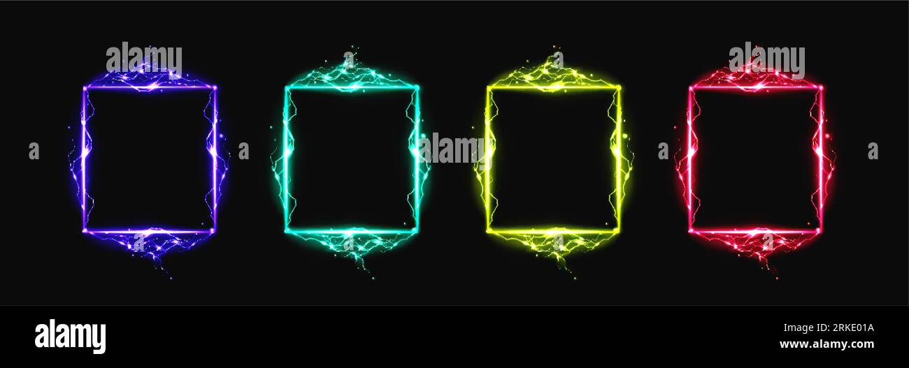 Neon lightning effect electric glow frame vector. Magic spark border ...