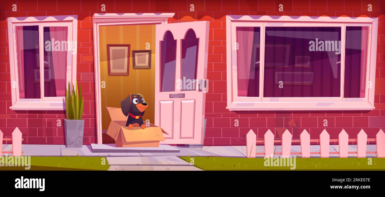 Dachshund dog sit in box near house front door cartoon illustration ...